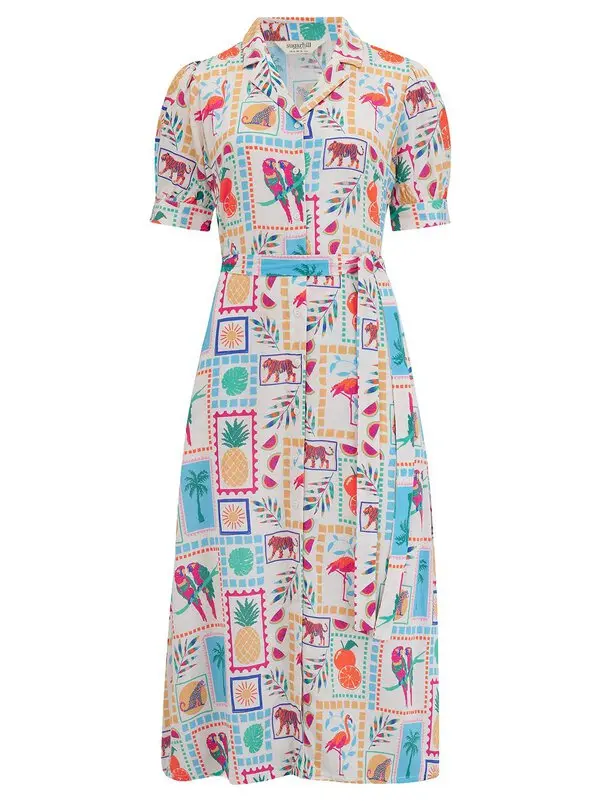 SUGARHILL BRIGHTON Penelope Midi Shirt Dress Off-, Jungle Tile - White