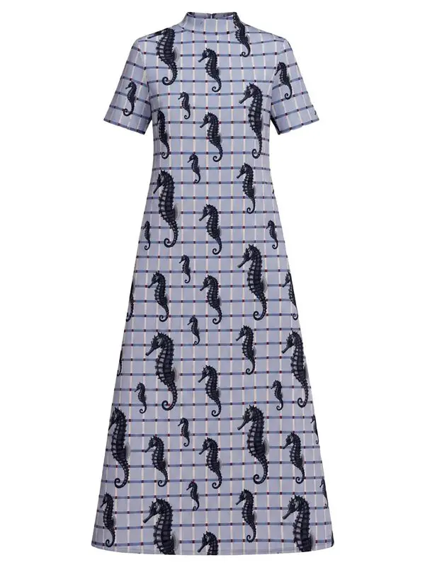 JULIA ALLERT Neutrals / Pale Seahorse Grid Print Fluid A-line Dress – Capsule Edition - Blue