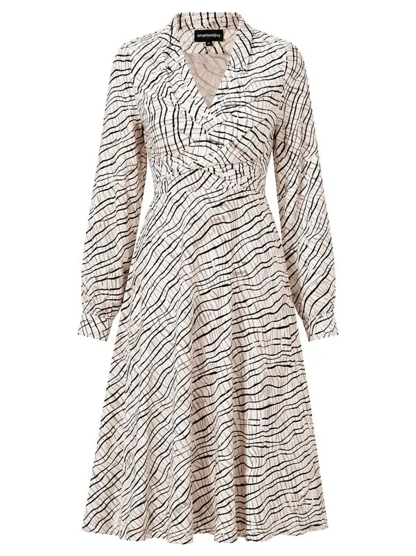 SMART AND JOY Cross Drape V Neckline Flared Printed Dress Beige And - Brown