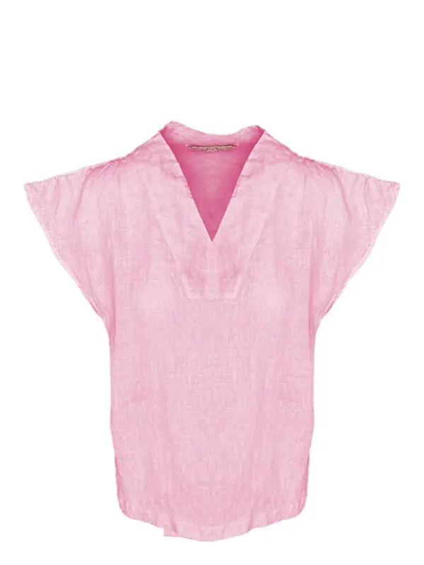 Haris Cotton Linen V-neck Blouse With Short Flutter Sleeves Powder - Pink