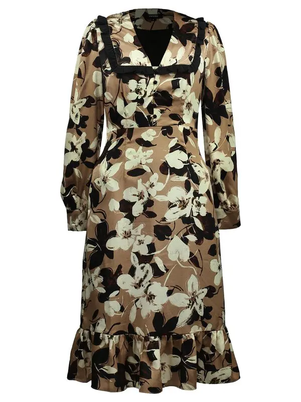 SMART AND JOY Ruffle Collar Macro Flower Print Dress Beige - Brown
