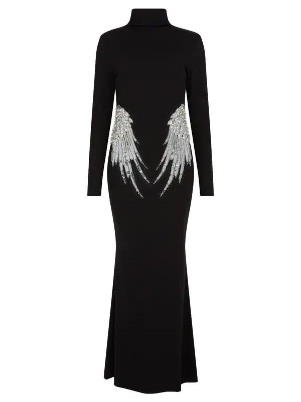 SOUR FIGS Black / Silver Embellished Wing Detail Evening Gown In Black - Black/silver