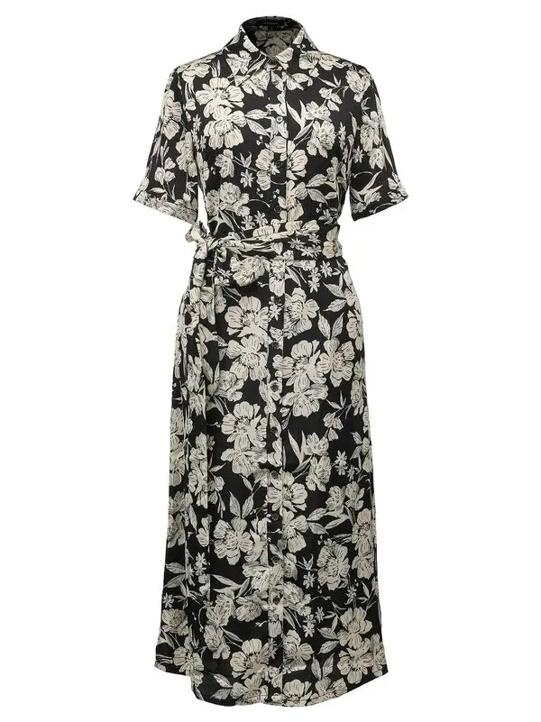 SMART AND JOY Macro Flower Print Midi Shirt-dress & White - Black