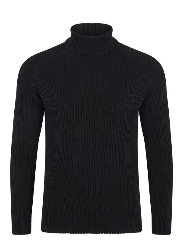 PAUL JAMES KNITWEAR Midweight Cotton Bernard Ribbed Roll Neck Jumper - Black
