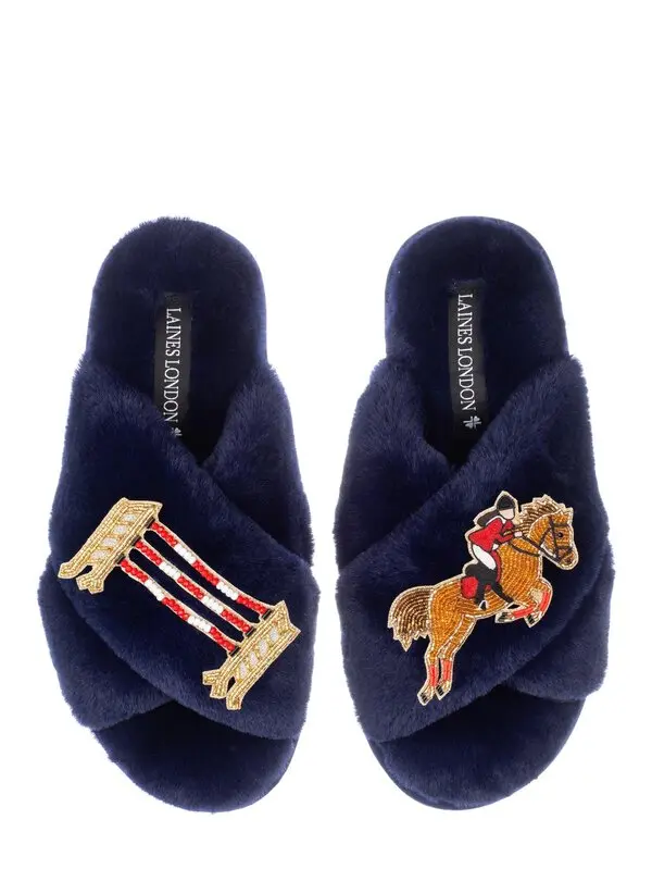 LAINES LONDON Classic Laines Slippers With Show Jump Horse Brooches Navy - Blue