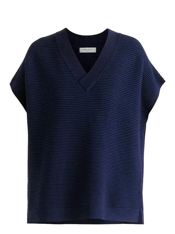 PAISIE V-neck Sleeveless Ribbed Jumper In Navy - Blue