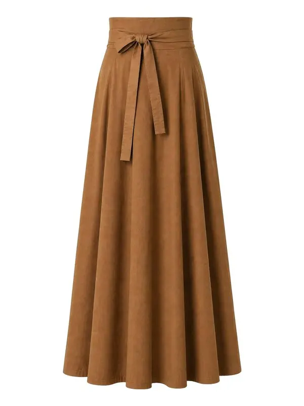 NIKKA PLACE High Waisted Cotton Maxi Skirt With Tie Belt In Light - Brown