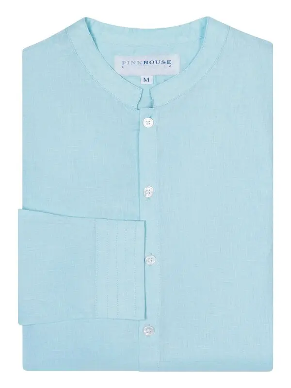 PINK HOUSE Linen Collarless Shirt Plain Pale - Blue