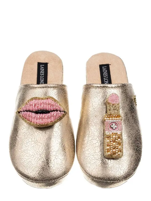 LAINES LONDON Softie Slippers With Pink Lipstick & Lips Brooches - Gold