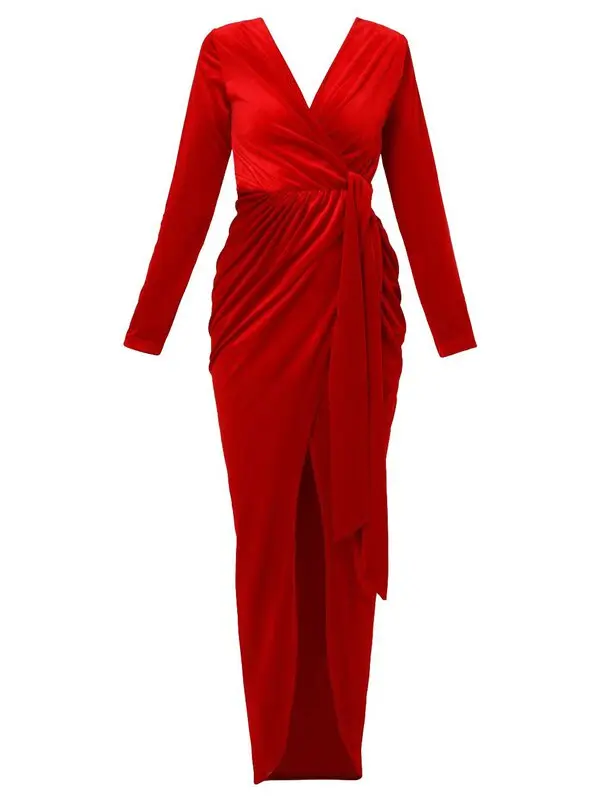 LIA ARAM Belted V-neck Wrap Gown - Red