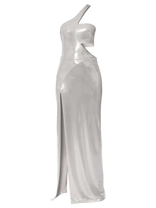 AGGI BY HALEWSKI Sheyla Sliver Glow Asymmetric Maxi Dress - Silver