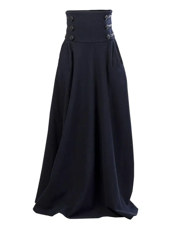 NIKKA PLACE Empire Waist Maxi Wool Skirt With Double Row Buttons In Dark Colour - Blue