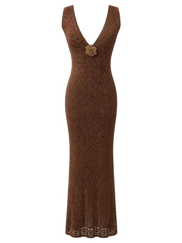 CHIARELLA Oasis Crochet Dres- Chocolate - Brown