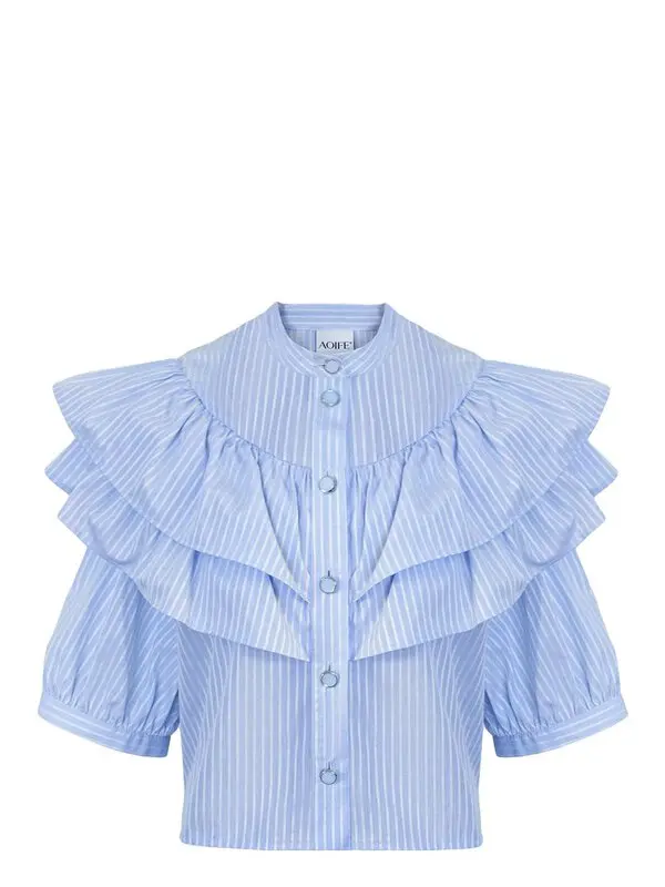 AOIFE® Short Sleeve Ruched Cotton Silk Blouse - Blue