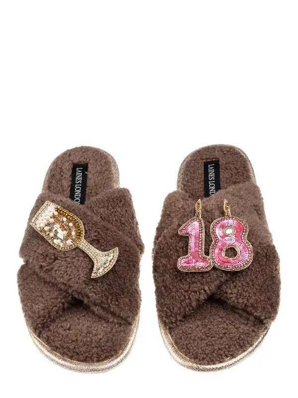 LAINES LONDON Neutrals Laines Neutral Boucle Slippers With 18th Birthday & Champers Brooches Mink - Brown