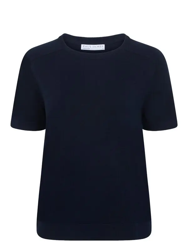 PAUL JAMES KNITWEAR Ultra Fine Cotton Cassie Saddle Shoulder Knitted T-shirt Navy - Blue