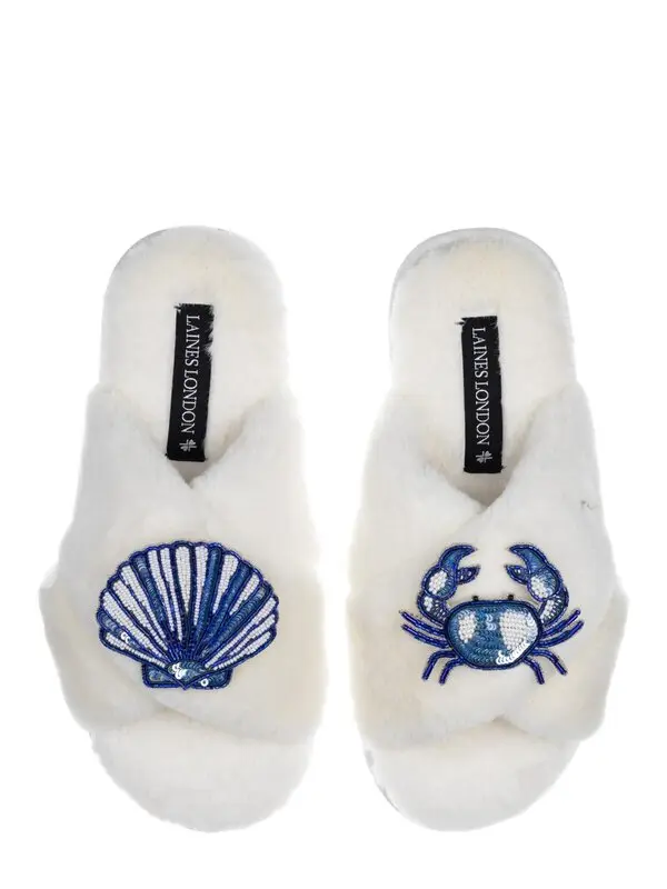 LAINES LONDON Classic Laines Slippers With Mediterranean Blue Shell & Crab Brooches Cream - White