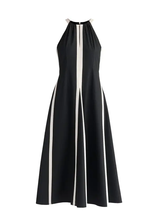 PAISIE Contrast Details Halterneck Midi Dress In And Beige - Black