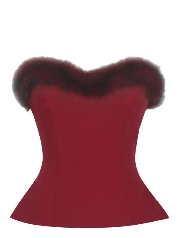 MISS CIRCLE NEW YORK Ivette Crimson Fur-trimmed Peplum Top - Red
