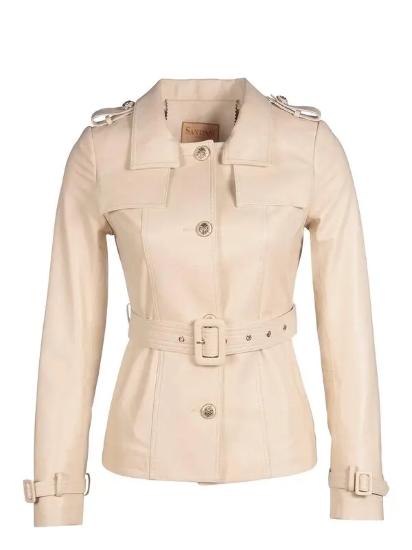 SANTINNI Neutrals Bardot 100% Leather Jacket In Crema - Black