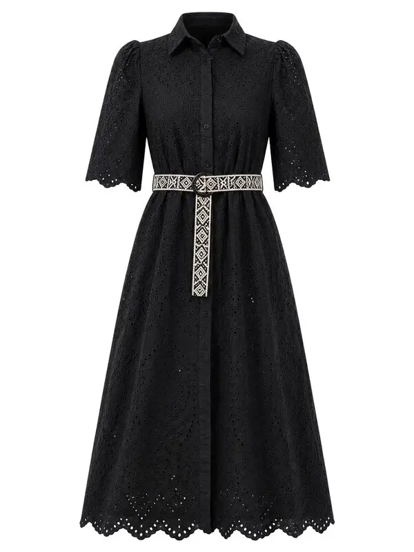 IZABELA MANDOIU Broderie Anglaise Midi Shirt Dress - Black