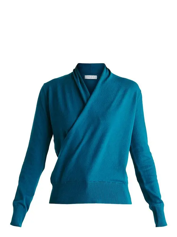 PAISIE Long Sleeve Knitted Wrap Top In Turquoise - Blue
