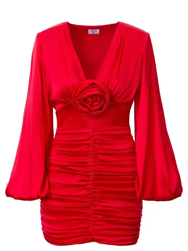LITA COUTURE Ruched Floral-appliqué Dress - Red