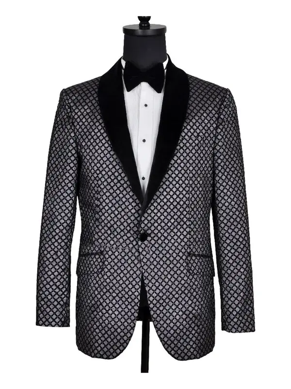 DAVID WEJ Grey / Black Washington Jacquard Velvet Shawl Lapel Blazer Grey - Grey/black