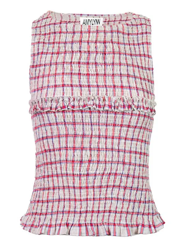 AMY LYNN Mona Smocked Top In & White Windowpane Check - Red