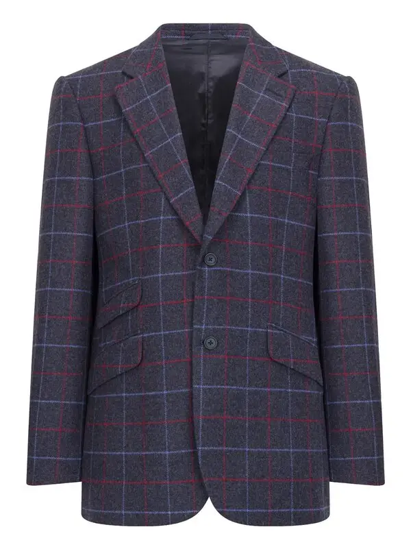 TRIONA Navy & Red Windowpane Merino And Cashmere James Classic Tweed Jacket - Blue