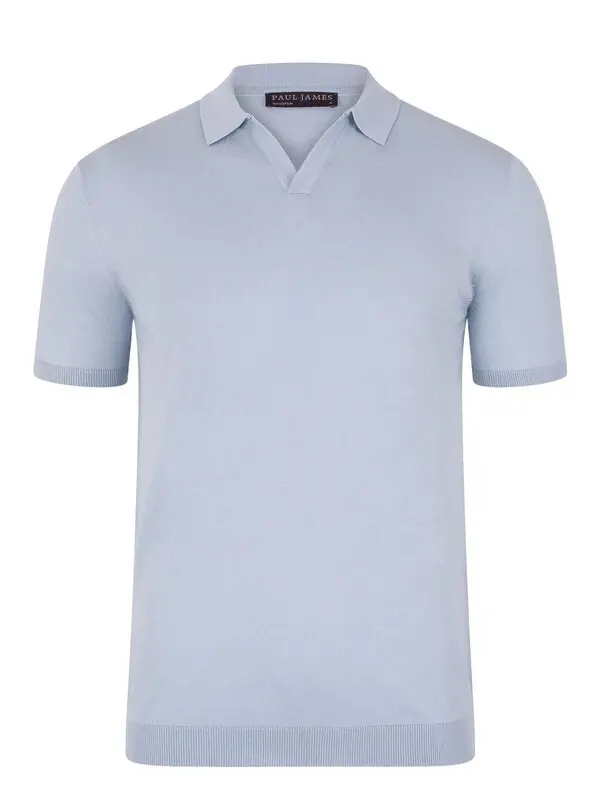 PAUL JAMES KNITWEAR Ultra Fine Cotton Nathan Buttonless Polo Shirt Chalkblue - Silver