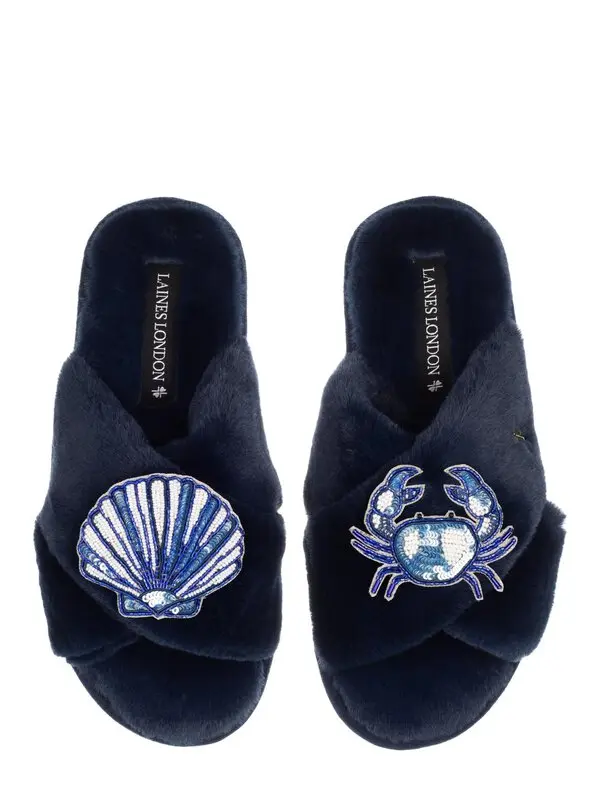 LAINES LONDON Classic Laines Slippers With Mediterranean Shell & Crab Brooches Navy - Blue