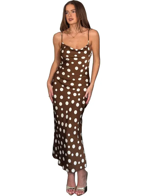 GIRL IN MIND Naomi Polka Slip Midi Dress - Brown