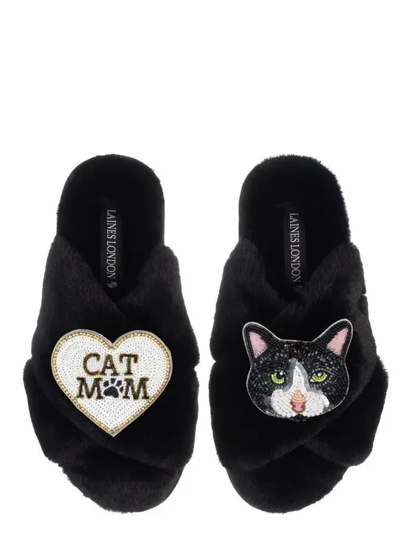 LAINES LONDON Classic Laines Slippers With Cat Mum/mom & Oreo & White Shorthair Cat Brooches - Black