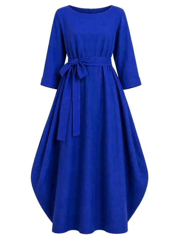 NIKKA PLACE Maxi Linen Balloon Dress With Belt In Royal Color - Blue