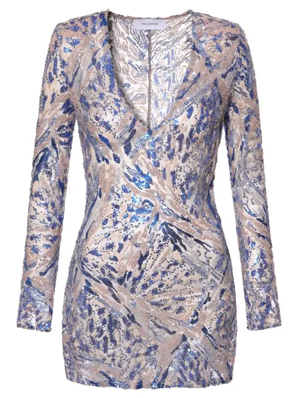 AGGI BY HALEWSKI Aira Mix Sparkle Sequin Mini Dress With Long Sleeve - Blue