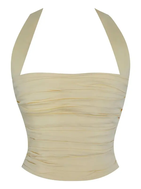 MISS CIRCLE NEW YORK Wilsie Lemon Cotton Poplin Ruched Halter Top - Yellow