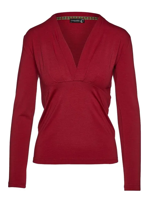 CONQUISTA Long Sleeve Wine Faux Wrap Top In Stretch Jersey Sustainable Fabric - Red