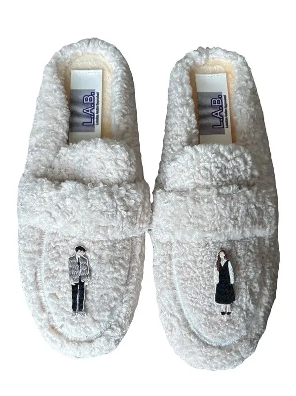 LONDON ATELIER BYPRODUCT Neutrals Shearling Mules Slippers With Embroidery Patches - Beige