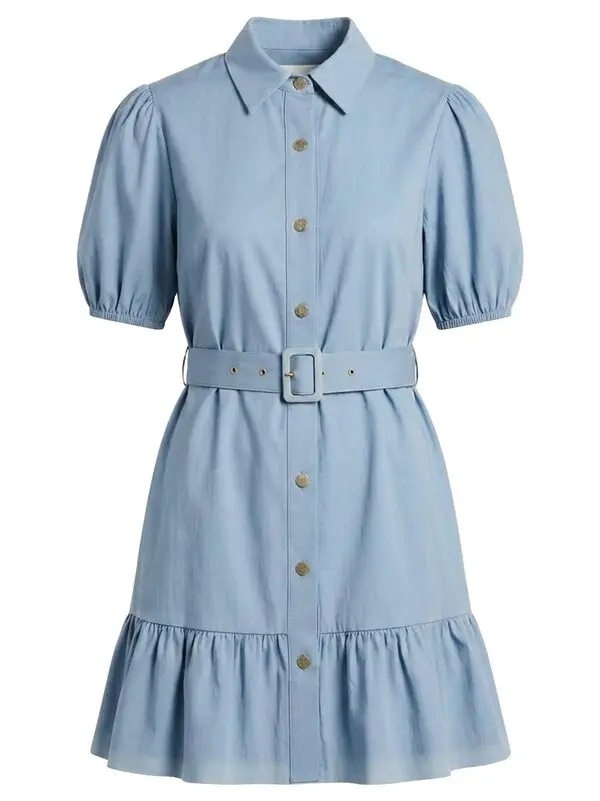 MODENAIRE Button Up Mini Dress Sculpted Sleeve - Blue