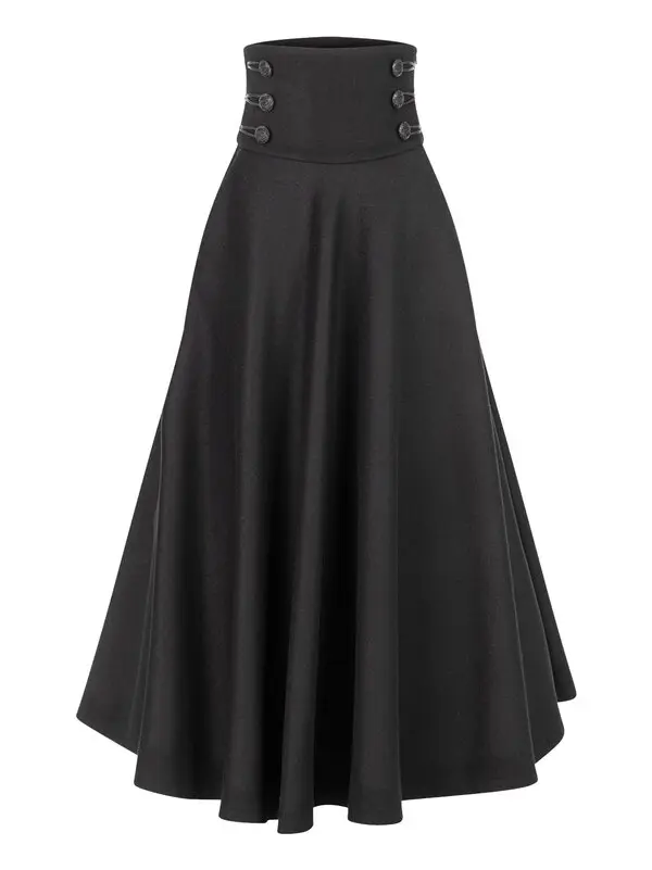 NIKKA PLACE Wool Floor Length Skirt With Hight Waist & Front Buttons - Black