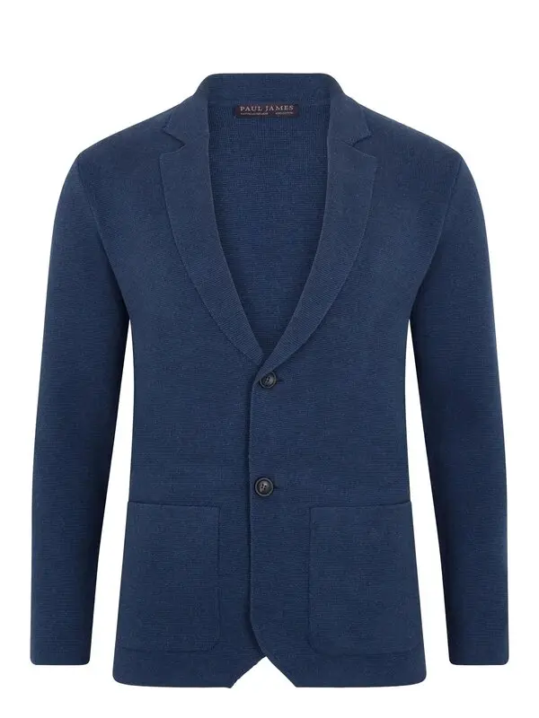 PAUL JAMES KNITWEAR Cotton Deconstructed Knitted Gabriel Blazer Melange - Blue