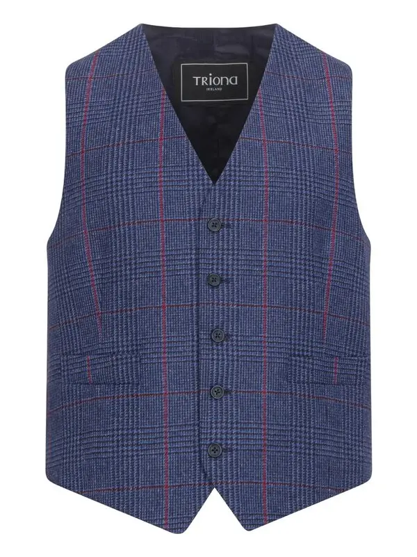 TRIONA Navy & Red Prince Of Wales Michael Tweed Waistcoat - Blue