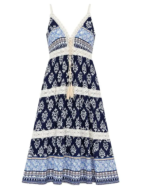 YUMI Navy Viscose Paisley Print Midi Sun Dress - Blue
