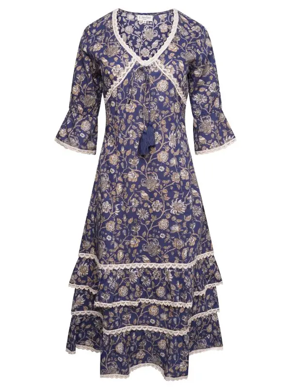 LATELIER LONDON Navy Floral Block Print Cotton Dress - Blue