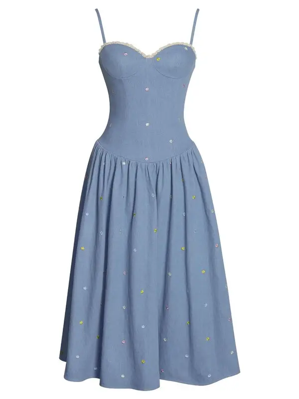 MISS CIRCLE NEW YORK Zadie Cotton Denim Drop Waist Embroidery Flower Midi Dress - Blue