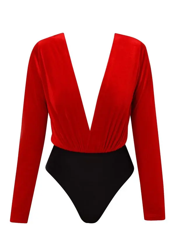 LIA ARAM Two-tone Velvet Bodysuit - Red