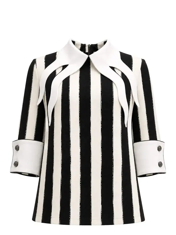 JULIA ALLERT Neutrals Semi-formal Striped Blouse With Double Contrasting Details Ivory - Black