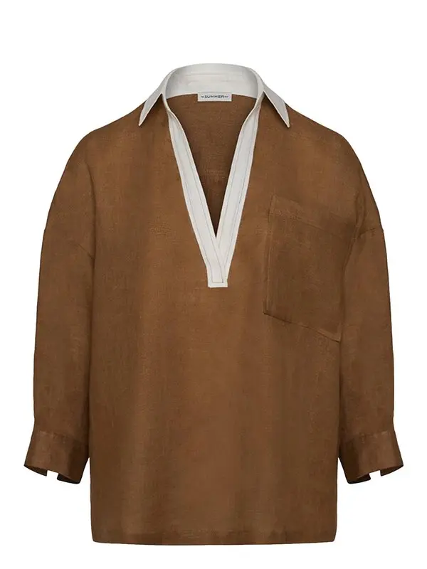 THE SUMMER EDIT Lola Luxe Linen Tunic Shirt Cognac - Brown