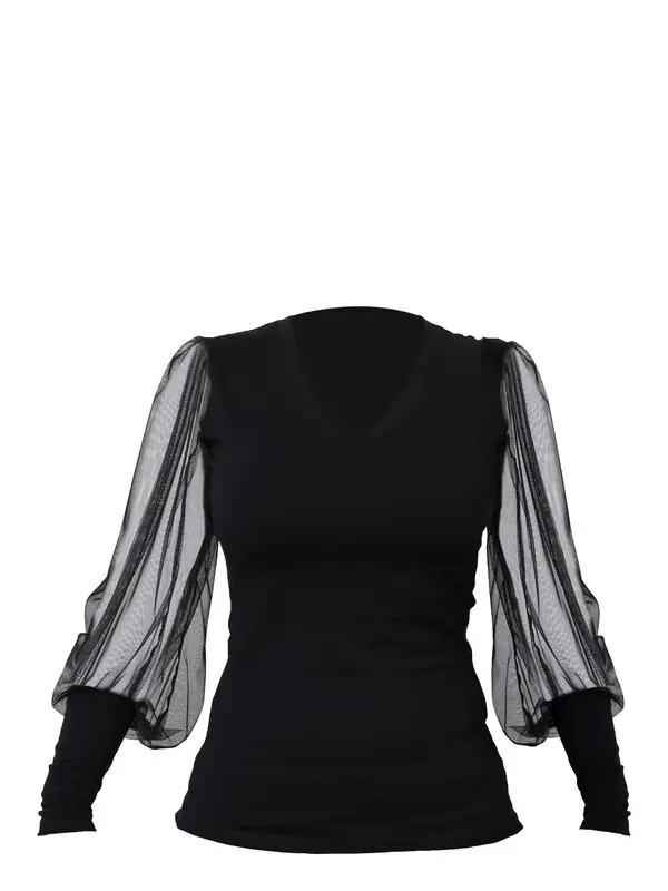 METAMORPHOZA V-neck Casual Top With Tulle Sleeves - Black